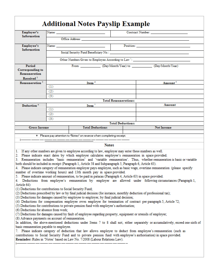Additional Notes Payslip Example | Free Excel Templates