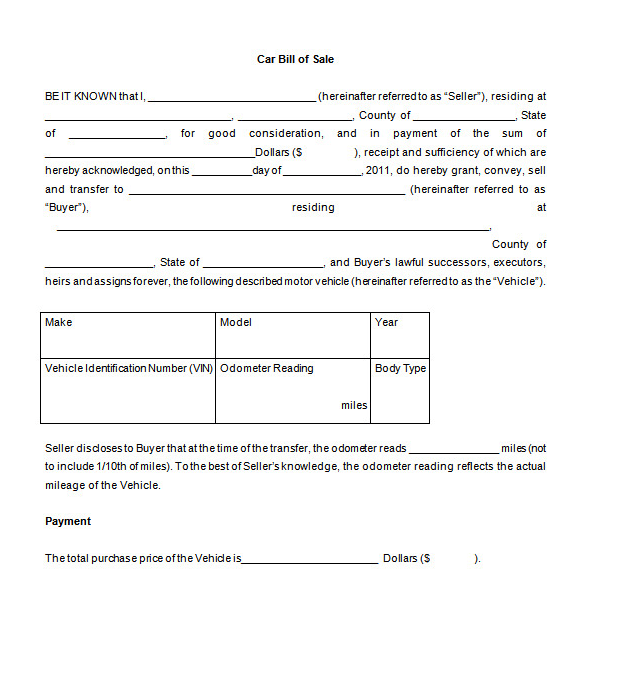 Car Bill of Sale Example | Free Excel Templates