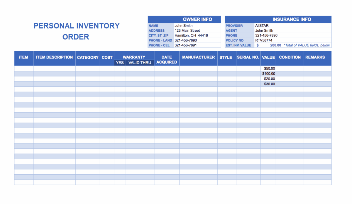 Personal Inventory Order Template | Free Excel Templates