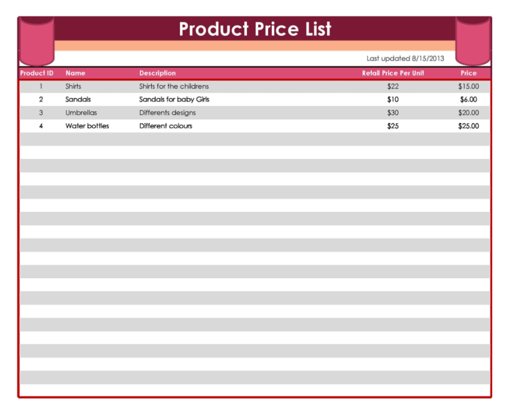 Sample Price List Template | Free Excel Templates