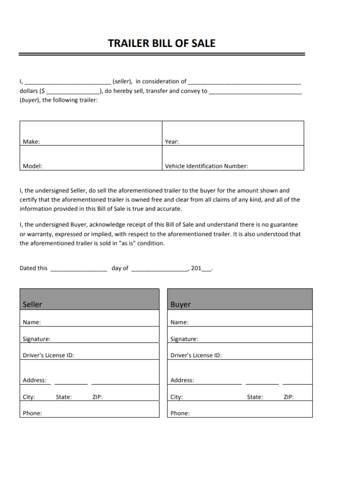 Trailer Bill of Sale Template | Free Excel Templates