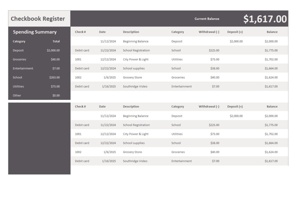Printable Checkbook Register Template | Free Excel Templates