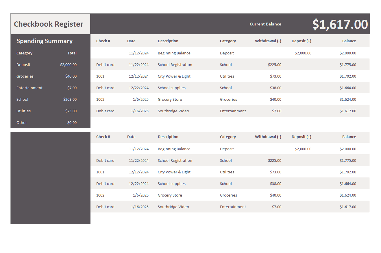 Printable Checkbook Register Template | Free Excel Templates