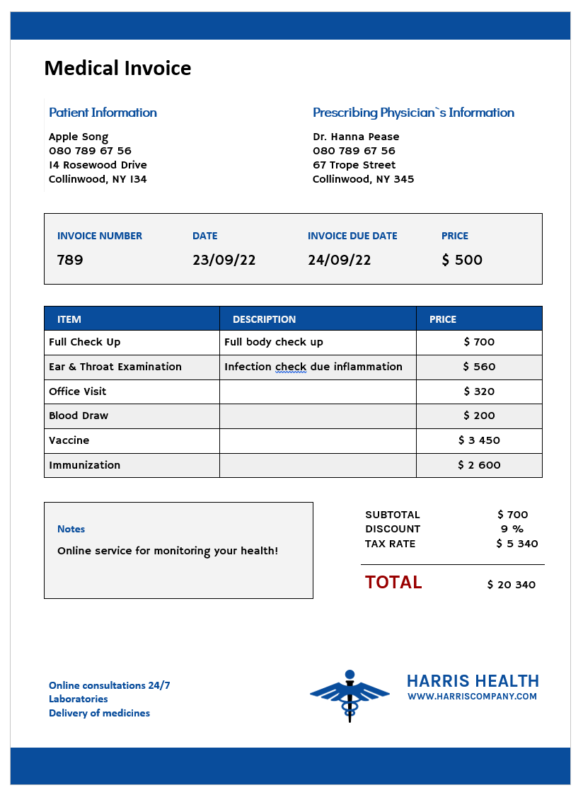 Printable Doctor Invoice Template | Free Excel Templates
