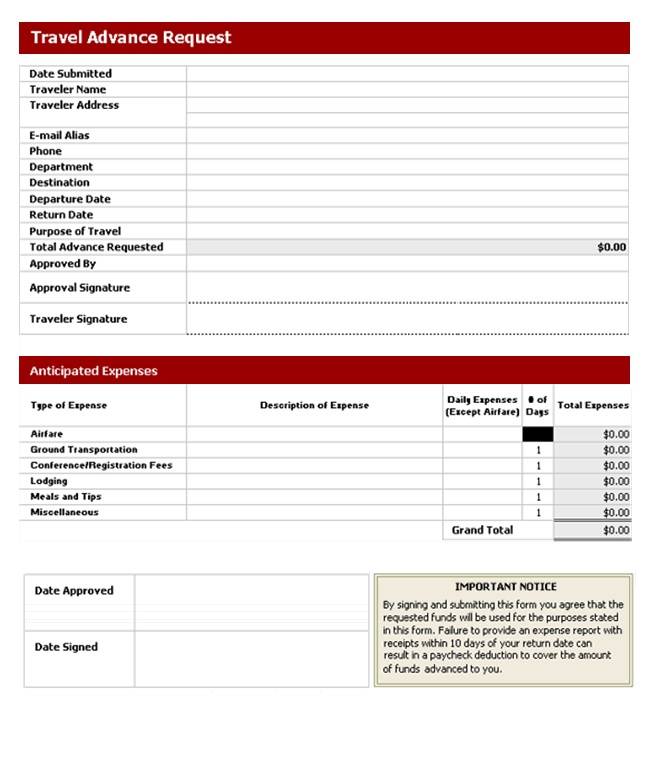 Travel Advance Request Form Excel | Free Excel Templates