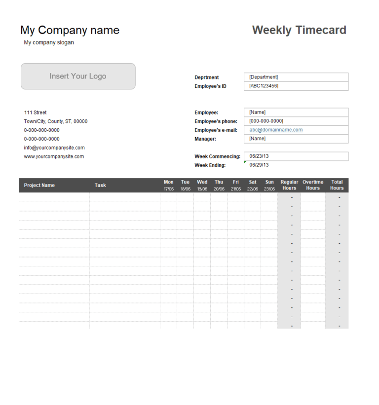 Weekly Timesheet Card Template | Free Excel Templates