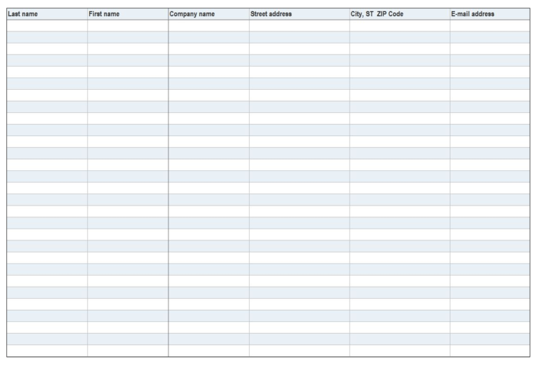 Blank Address List Template | Free Excel Templates