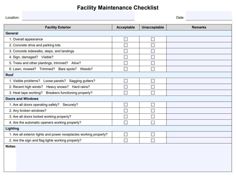 Facility Maintenance Checklist Format | Free Excel Templates